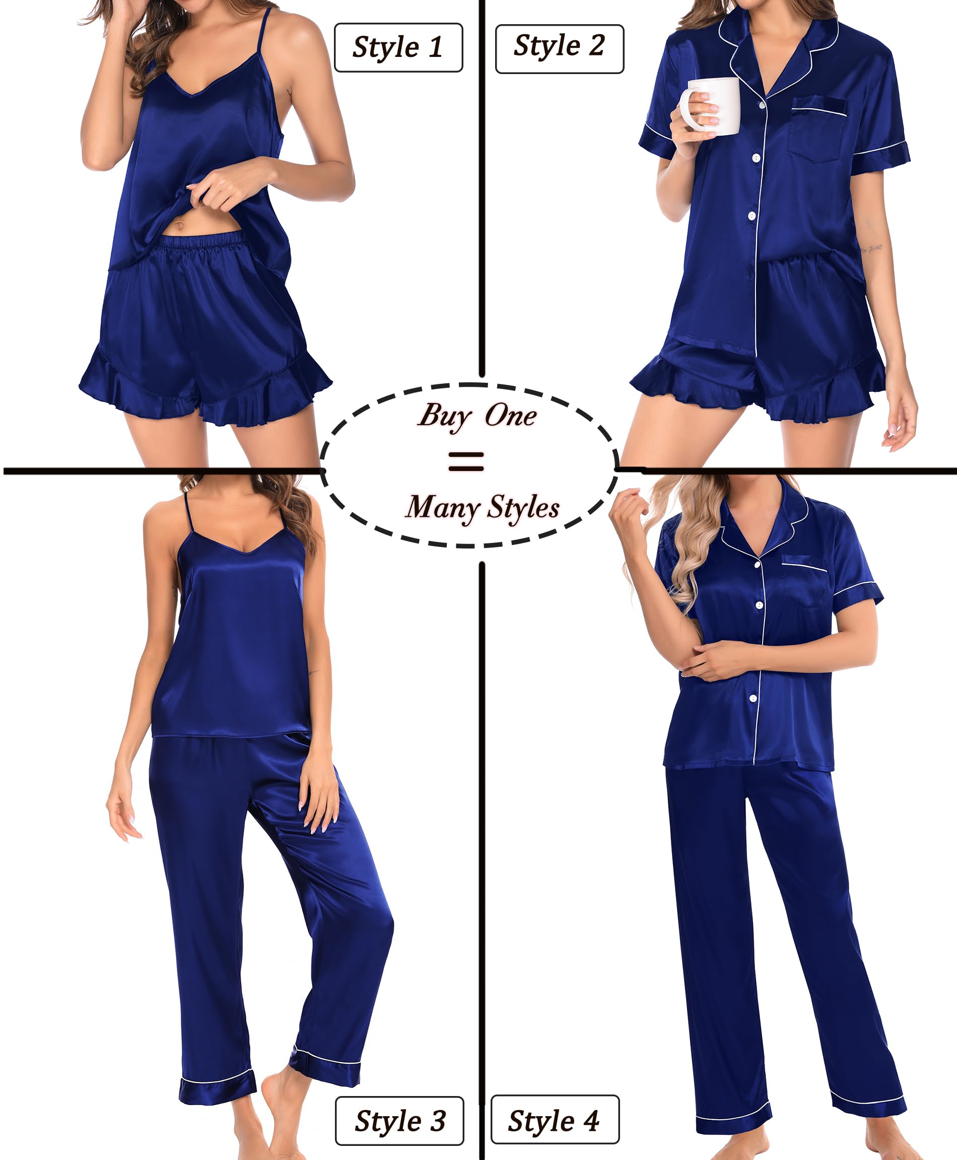 SWOMOG Womens 4 Piece Pajamas Silk Button Down Tops Satin Cami Tank Top Ruffle Shorts Lounge Sets Summer Pjs Soft Sleepwear