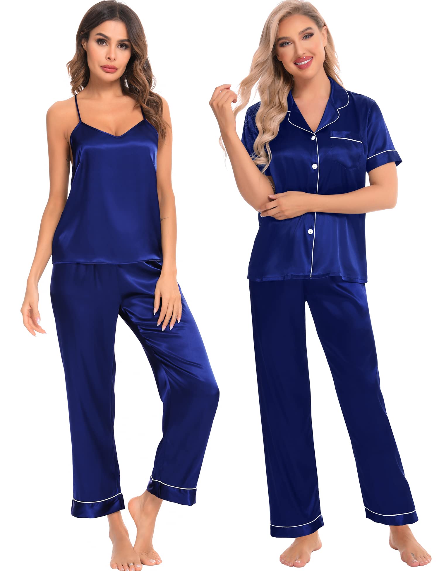 SWOMOG Womens 4 Piece Pajamas Silk Button Down Tops Satin Cami Tank Top Ruffle Shorts Lounge Sets Summer Pjs Soft Sleepwear