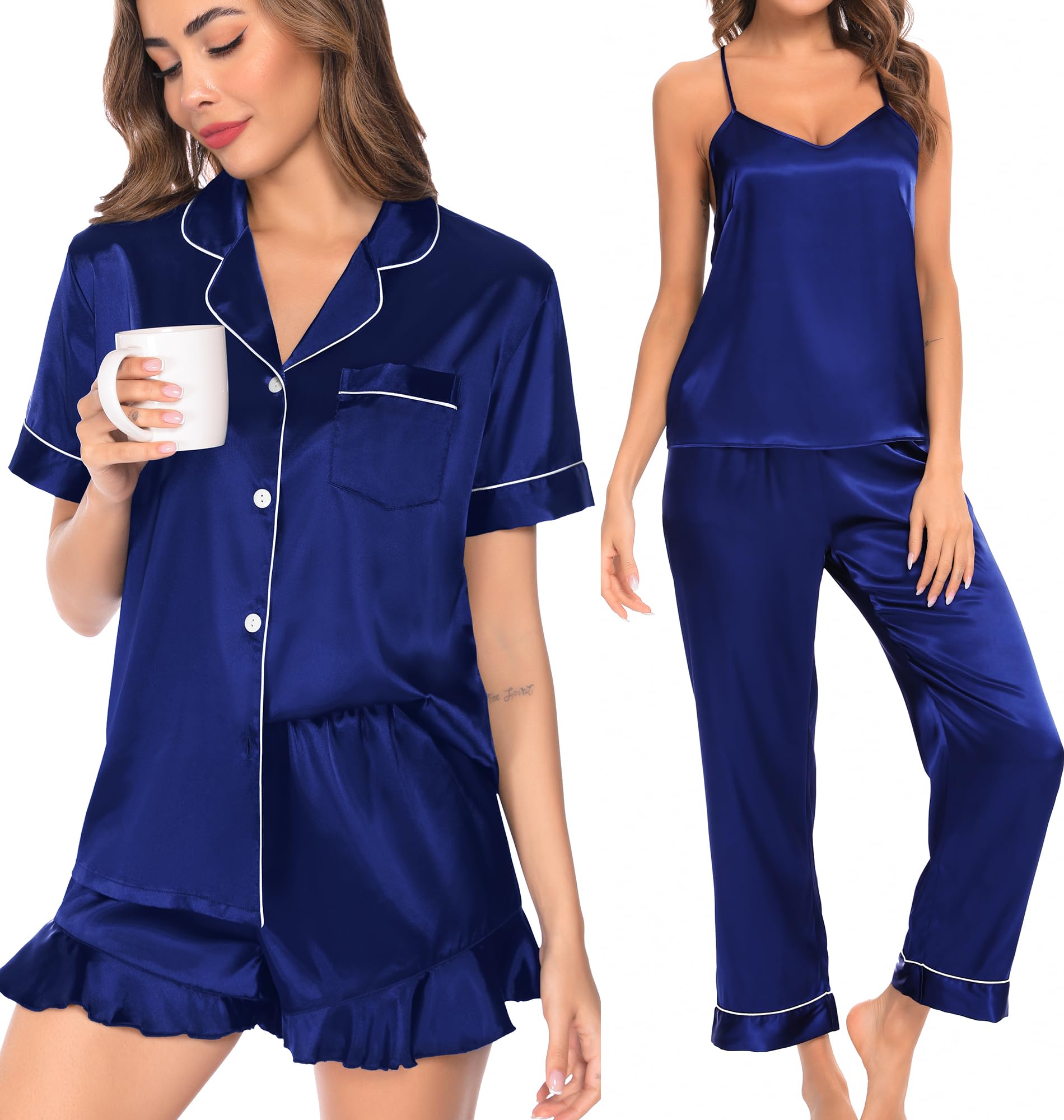 SWOMOG Womens 4 Piece Pajamas Silk Button Down Tops Satin Cami Tank Top Ruffle Shorts Lounge Sets Summer Pjs Soft Sleepwear
