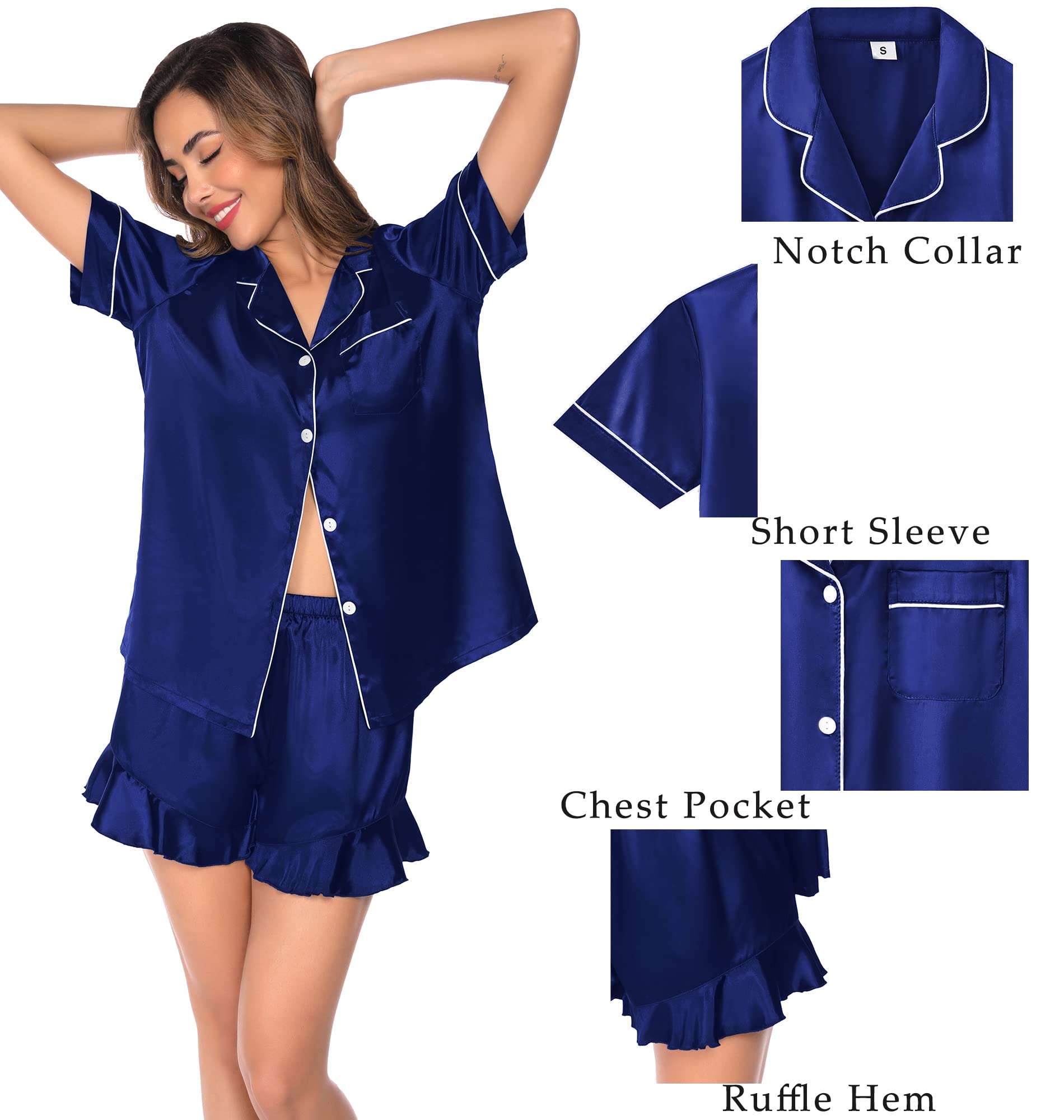SWOMOG Womens 4 Piece Pajamas Silk Button Down Tops Satin Cami Tank Top Ruffle Shorts Lounge Sets Summer Pjs Soft Sleepwear