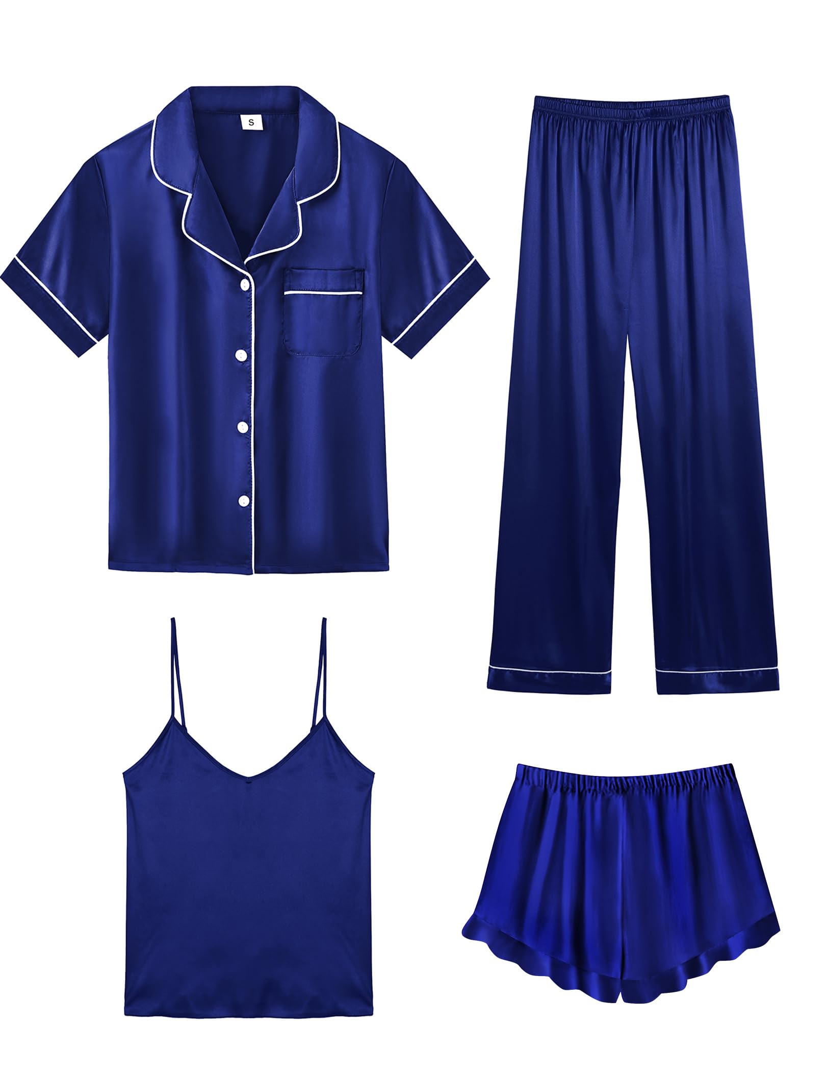 SWOMOG Womens 4 Piece Pajamas Silk Button Down Tops Satin Cami Tank Top Ruffle Shorts Lounge Sets Summer Pjs Soft Sleepwear