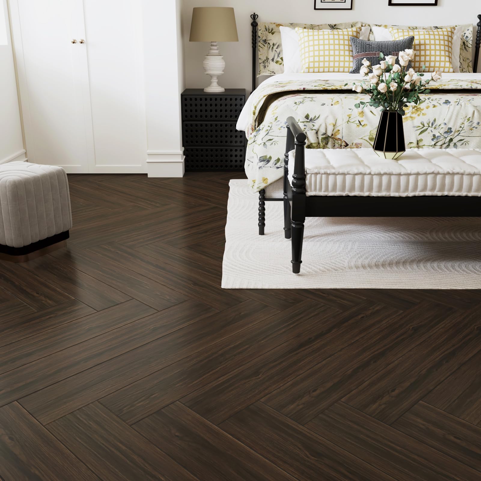 Wallercity 6"x36" 4PCS Vinyl Flooring Peel and Stick Floor Tile Bathroom Deep Brown Wood Grain Plank Self Adhesive Stick on Floor Tile Waterproof Removable Flooring Sheets for Kitchen Bedroom Basement