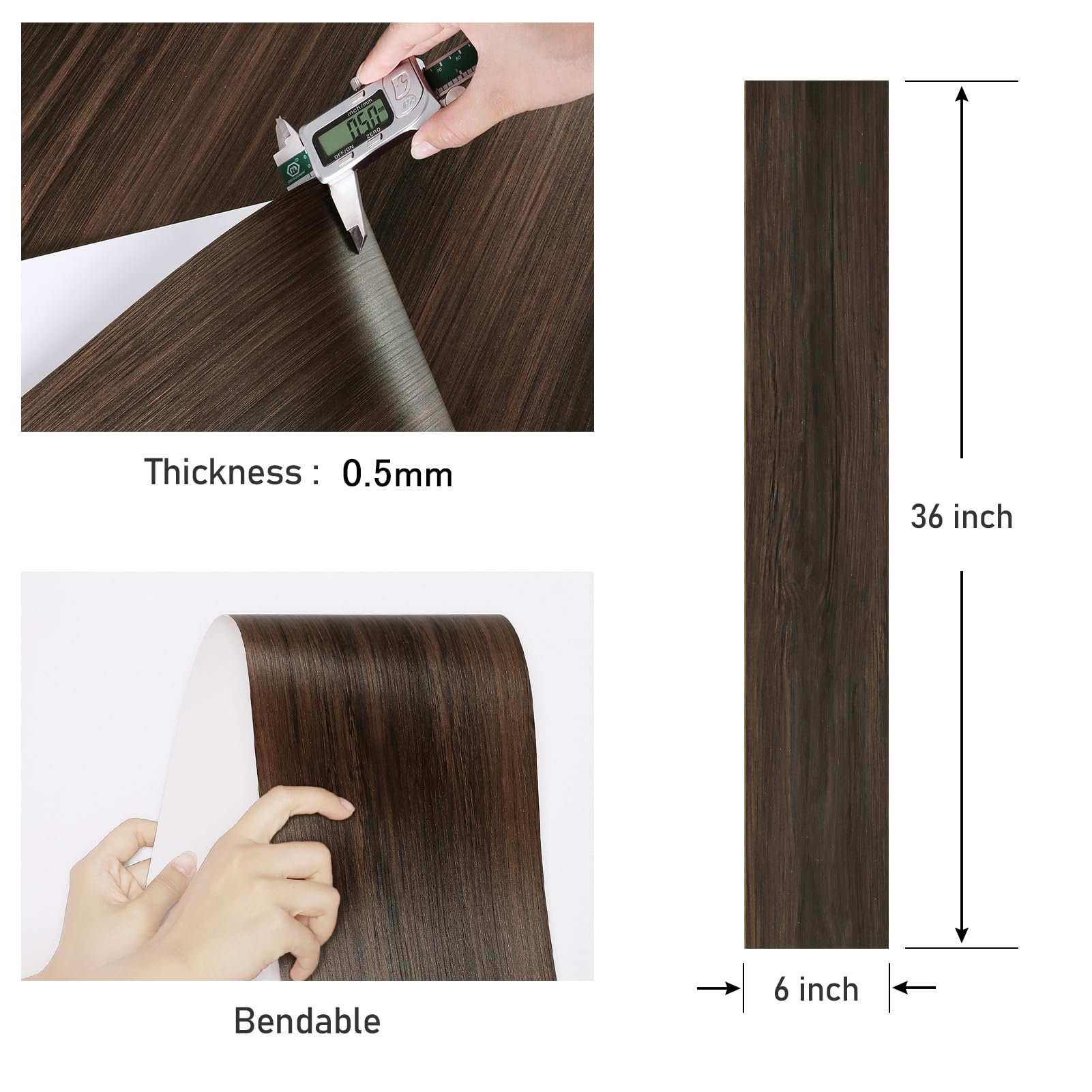 Wallercity 6"x36" 4PCS Vinyl Flooring Peel and Stick Floor Tile Bathroom Deep Brown Wood Grain Plank Self Adhesive Stick on Floor Tile Waterproof Removable Flooring Sheets for Kitchen Bedroom Basement