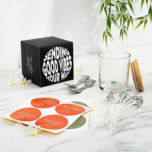 CANDECOR 8 Pack 10oz Clear Glass Candle Jars Kit - Complete Set with Bamboo Lids, Sticky Warning Labels, Customized Boxes, Wick & Holder - Ideal for DIY Candle Making - Dishwasher Safe