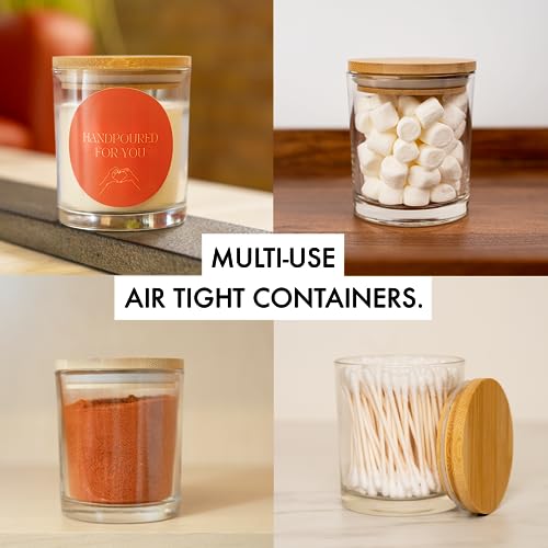 CANDECOR 8 Pack 10oz Clear Glass Candle Jars Kit - Complete Set with Bamboo Lids, Sticky Warning Labels, Customized Boxes, Wick & Holder - Ideal for DIY Candle Making - Dishwasher Safe