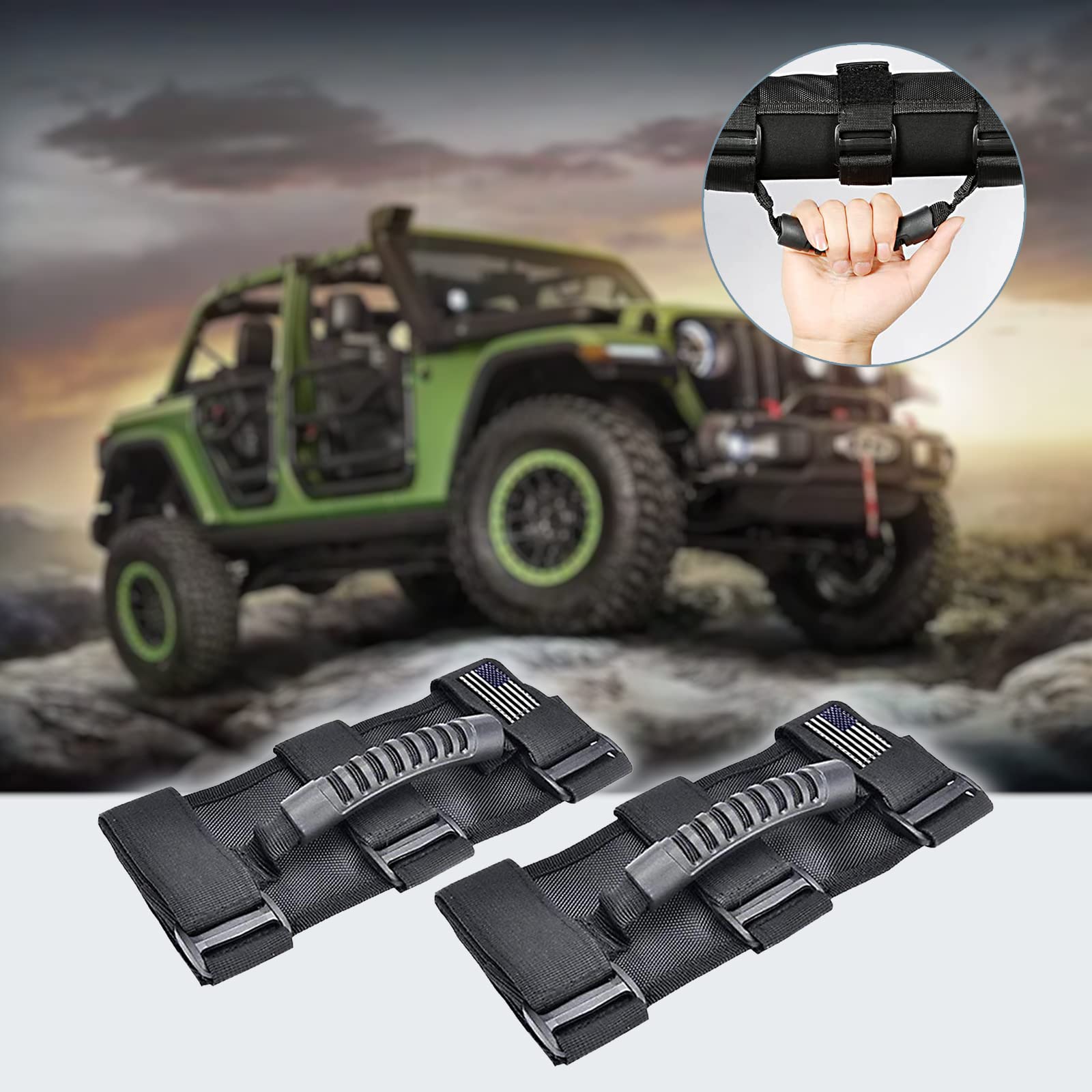 cueclue Pack-2 Auto Grab Handle Set, Roof Handle Strap, Armrest Car Handle Strap, 3 Straps American Flag Design, Compatible with Jeep Wrangler TJ YJ JK, for 1987-2022 Models (Black)