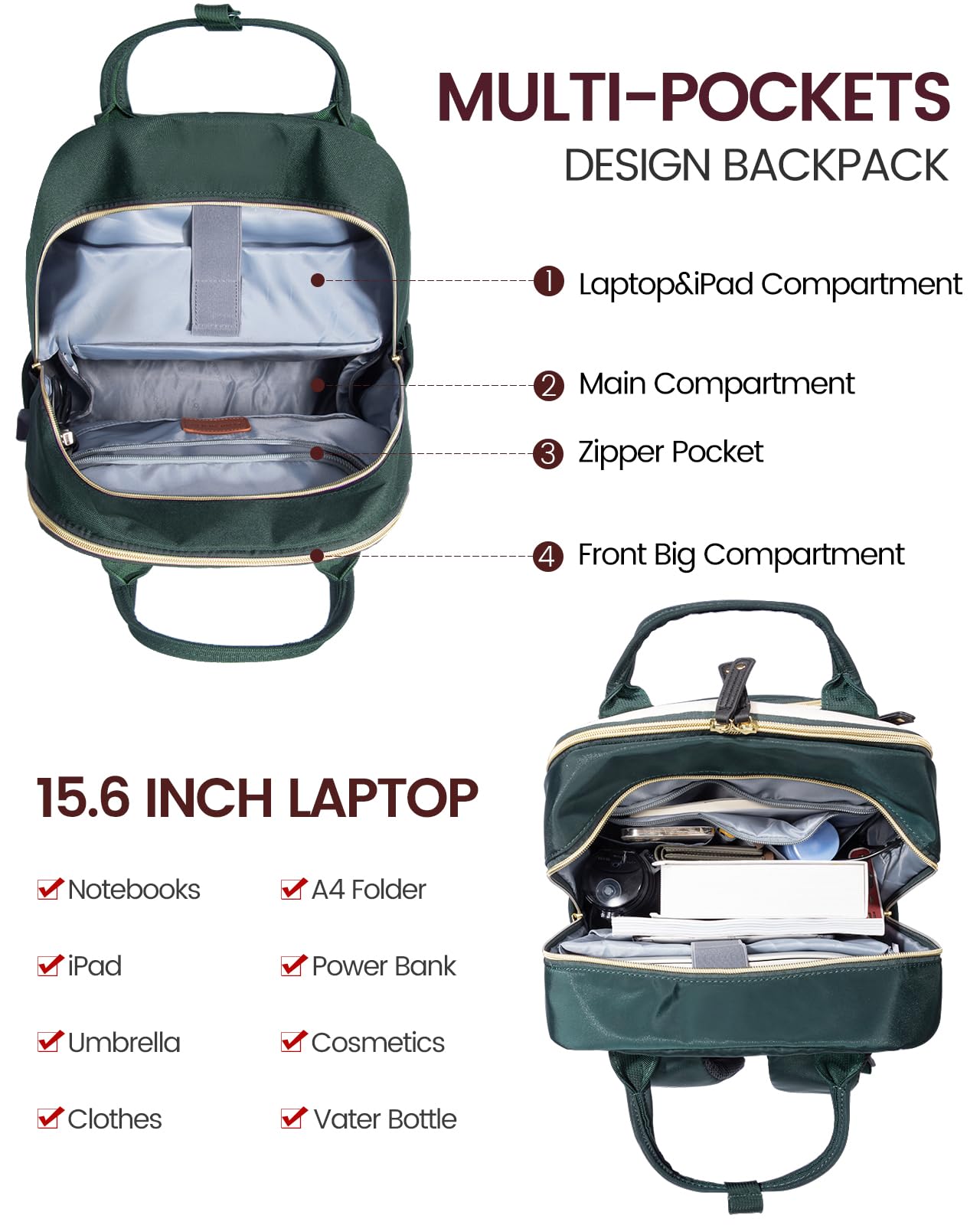 LOVEVOOK Laptop Backpack for Women, Fits 15.6 Inch Laptop Bag, Fashion Travel Work Anti-theft Bag, Business Computer Waterproof Backpack Purse, Backpacks, Beige-Green-Black