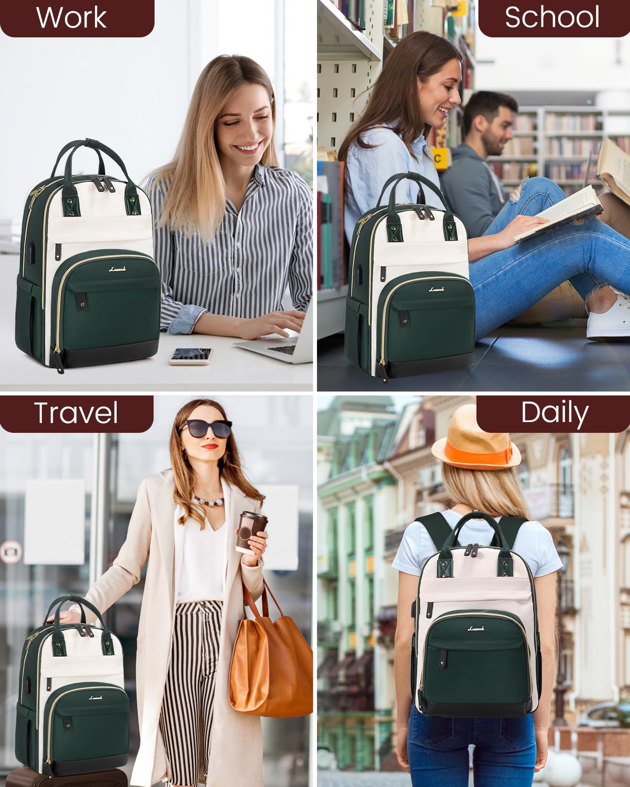 LOVEVOOK Laptop Backpack for Women, Fits 15.6 Inch Laptop Bag, Fashion Travel Work Anti-theft Bag, Business Computer Waterproof Backpack Purse, Backpacks, Beige-Green-Black