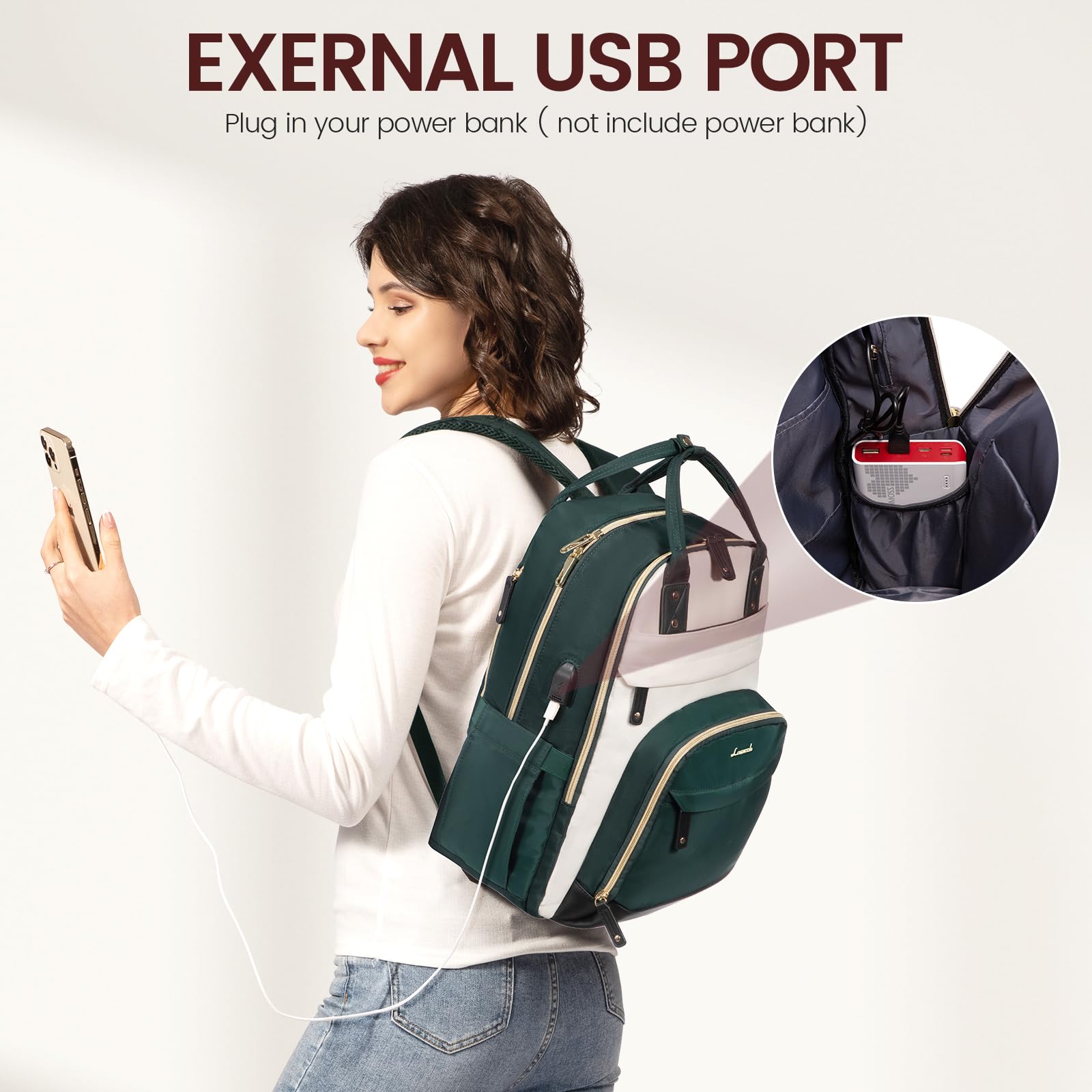 LOVEVOOK Laptop Backpack for Women, Fits 15.6 Inch Laptop Bag, Fashion Travel Work Anti-theft Bag, Business Computer Waterproof Backpack Purse, Backpacks, Beige-Green-Black