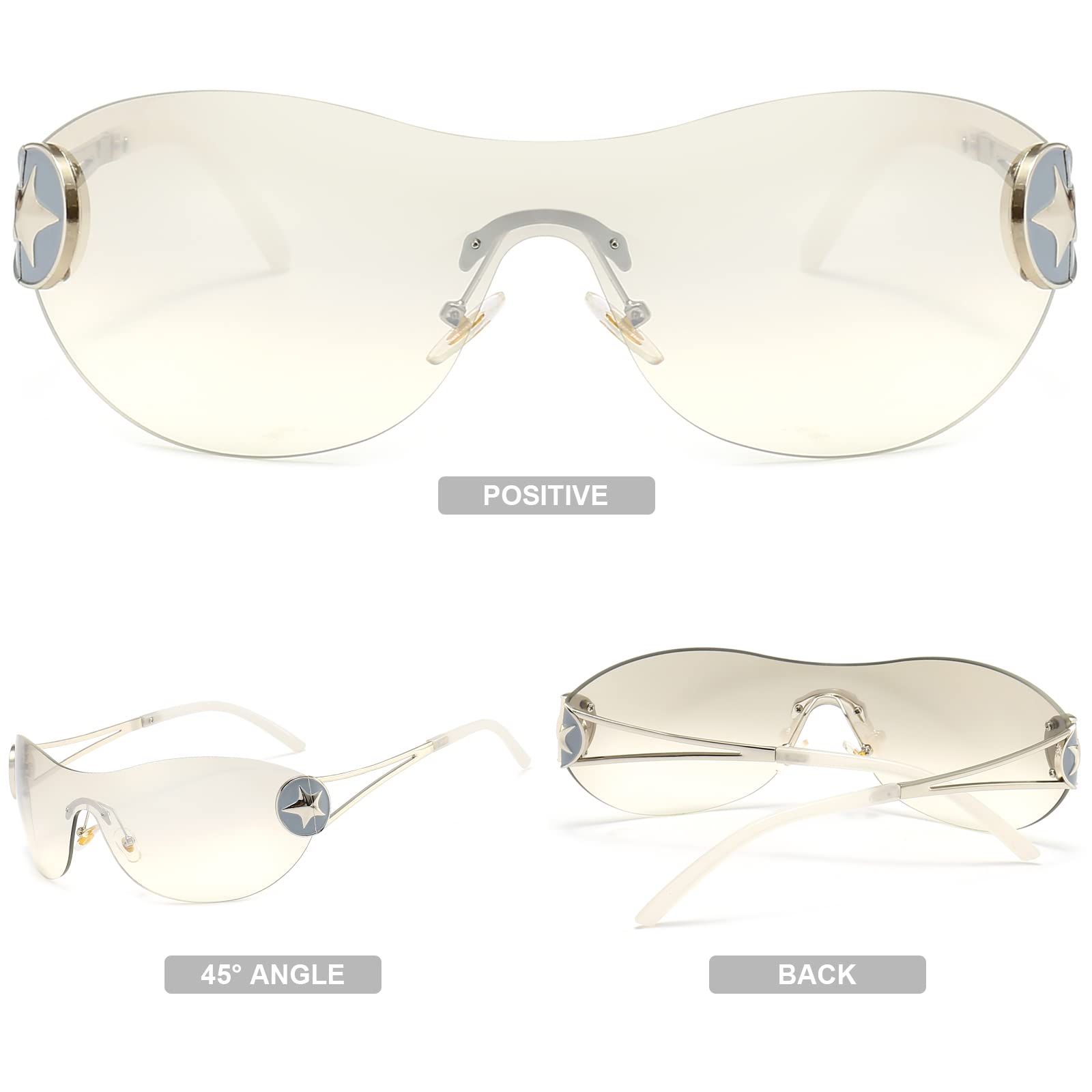 Futuristic Y2K Sunglasses for Women Men,Rimless Sunglasses Fashion Oversized Sun Glasses Shield Wrap Around Sunglasses (Silver/Silver)