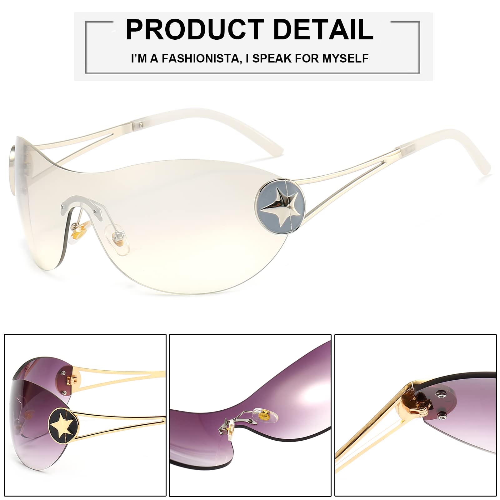 Futuristic Y2K Sunglasses for Women Men,Rimless Sunglasses Fashion Oversized Sun Glasses Shield Wrap Around Sunglasses (Silver/Silver)