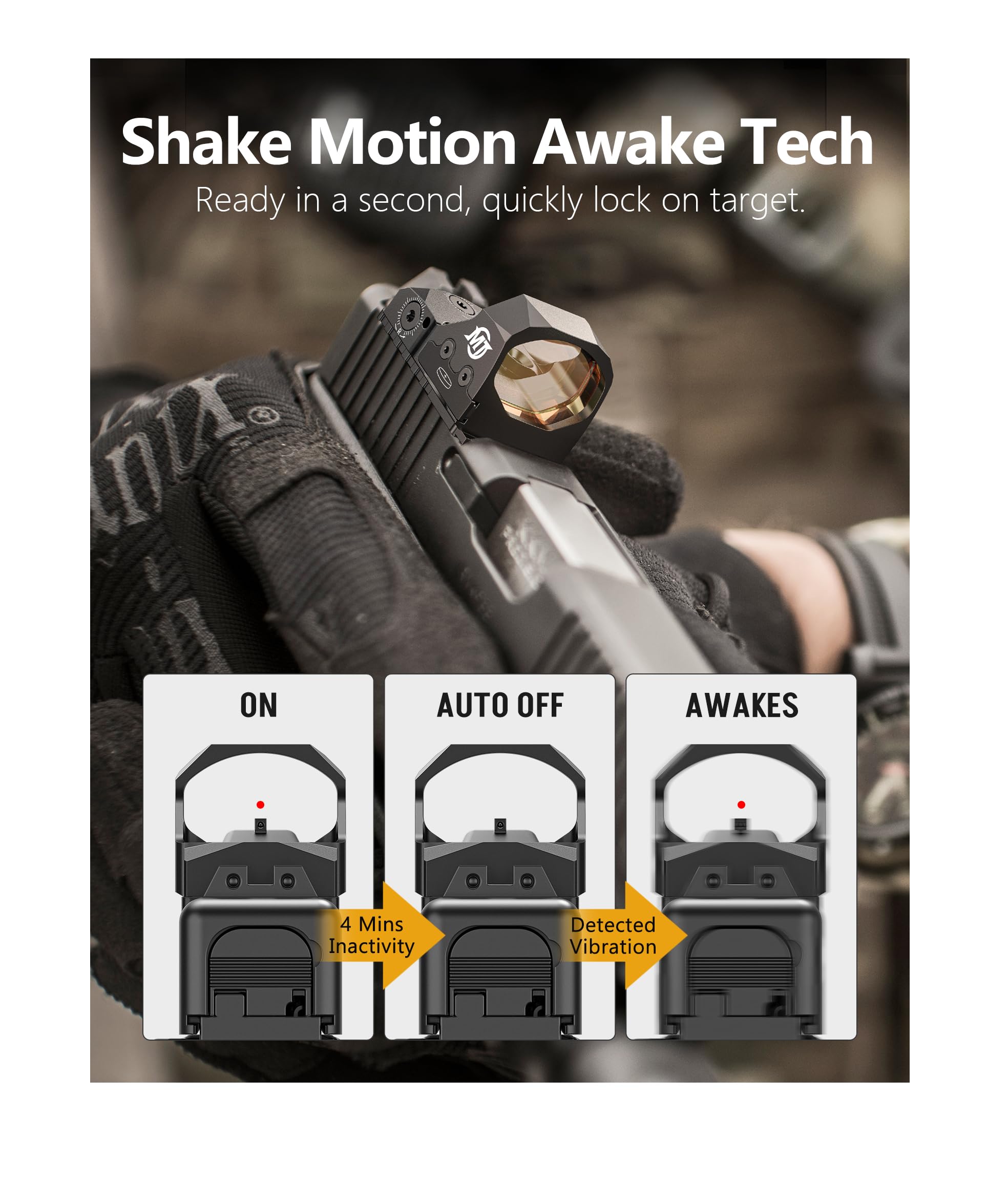 MidTen S01 Shake Motion Awake Red Dot Sight for RMR, Adapter for GL MOS & Picatinny Included, 3 MOA Pistol Scope Optics Sight for Full Size Handgun, 28mm Large Aspheric Lens 1500G Shockproof