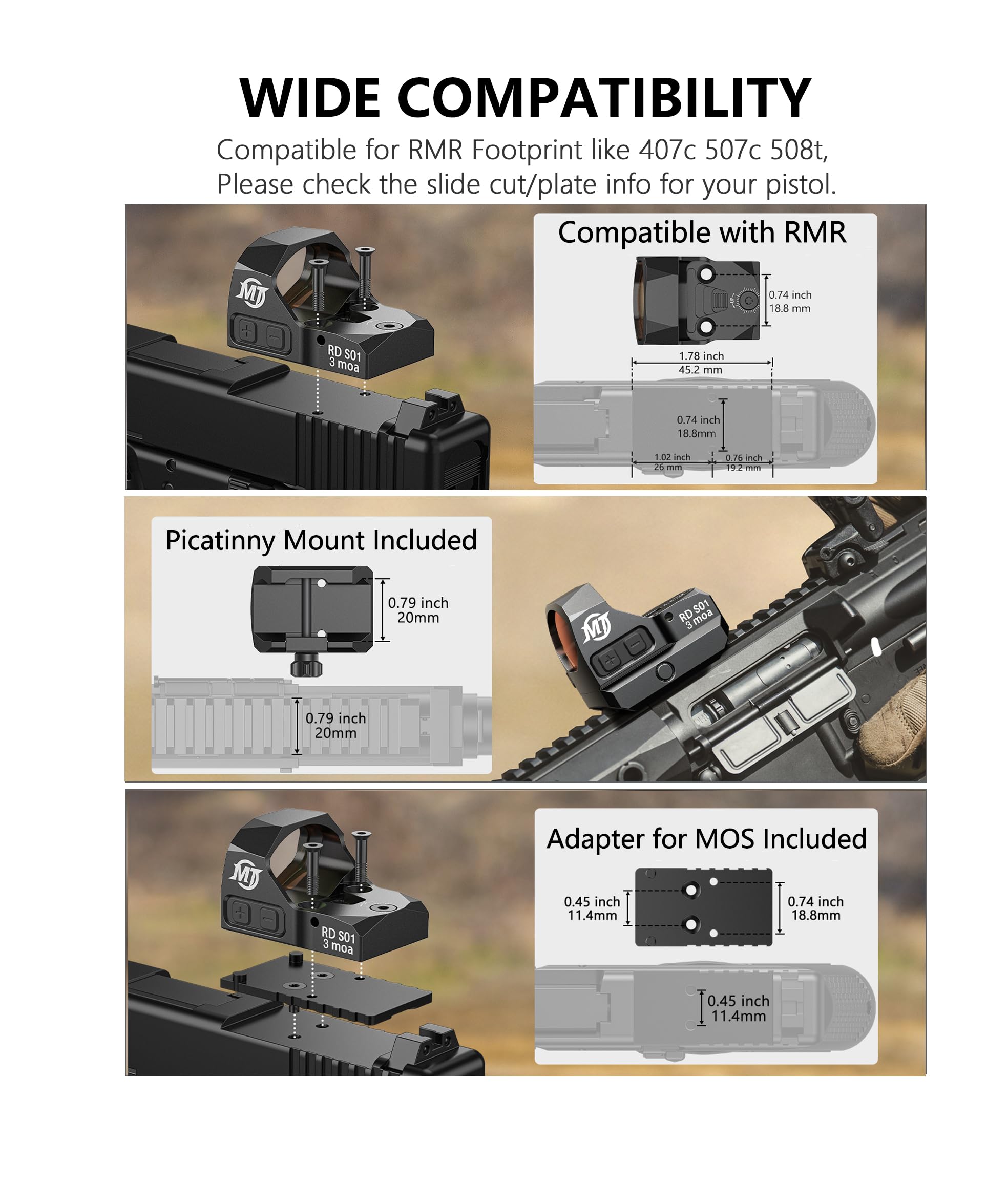 MidTen S01 Shake Motion Awake Red Dot Sight for RMR, Adapter for GL MOS & Picatinny Included, 3 MOA Pistol Scope Optics Sight for Full Size Handgun, 28mm Large Aspheric Lens 1500G Shockproof