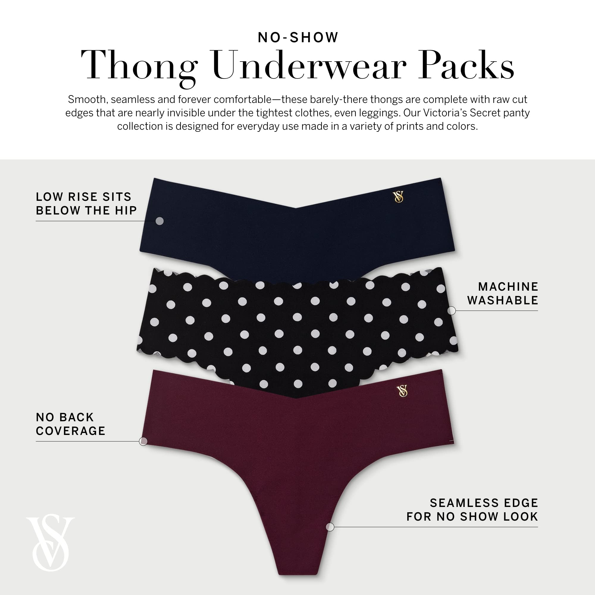 Victoria's Secret Women's No Show Thong Underwear, Panties for Women, Multi Pack, Neutral Multi Color (M)