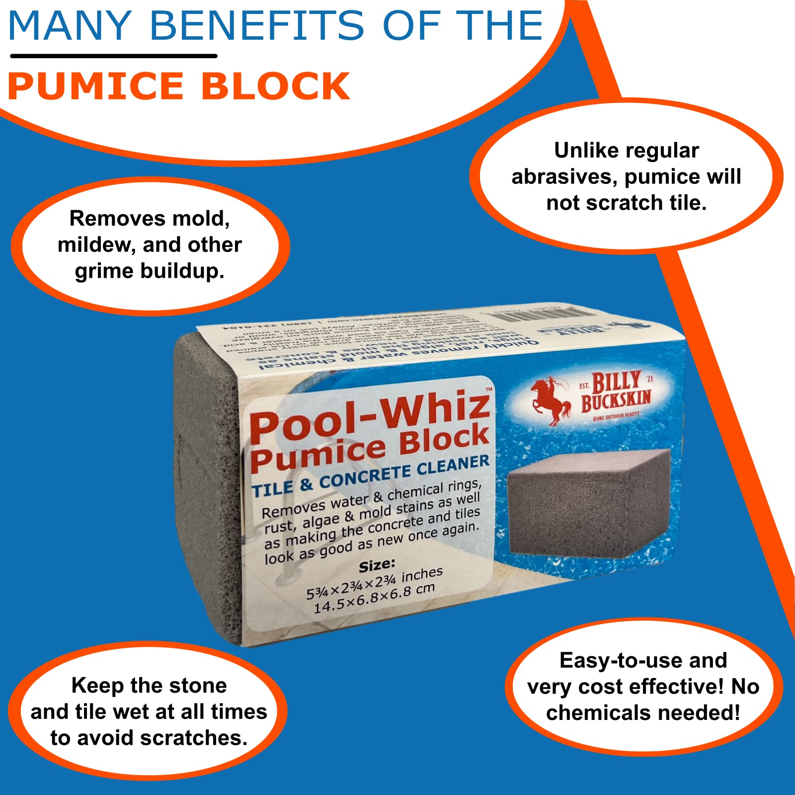 Pool-Whiz Pumice Block Pool Tile & Concrete Cleaner Pumice Stone for Cleaning Pools Spas & Water Features Pool & Spa Cleaner Pumice Block for Rust, Stains Build Up by Billy Buckskin Co. Pack of 2