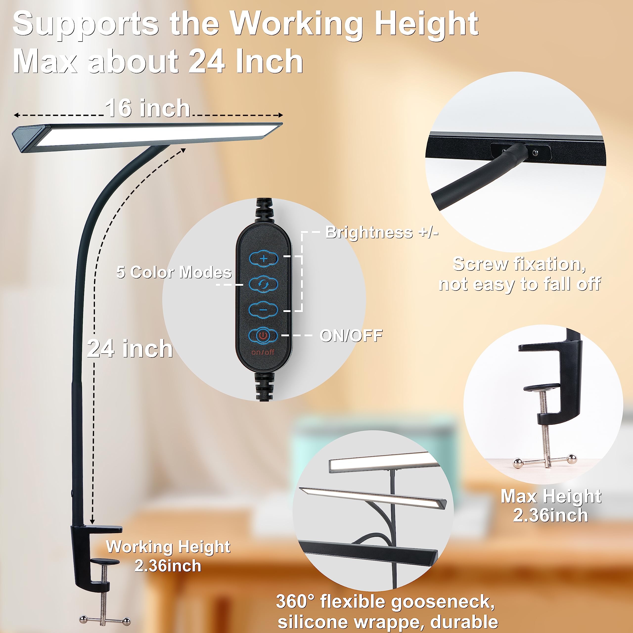 KAiSnova LED Desk Lamp with Clamp, 10W Clip Lamp for Desk 50 Lighting Modes Computer Monitor Lights 360° Flexible Gooseneck Desktop Lighting for Office Home Video Conferencing Workbench Drafting