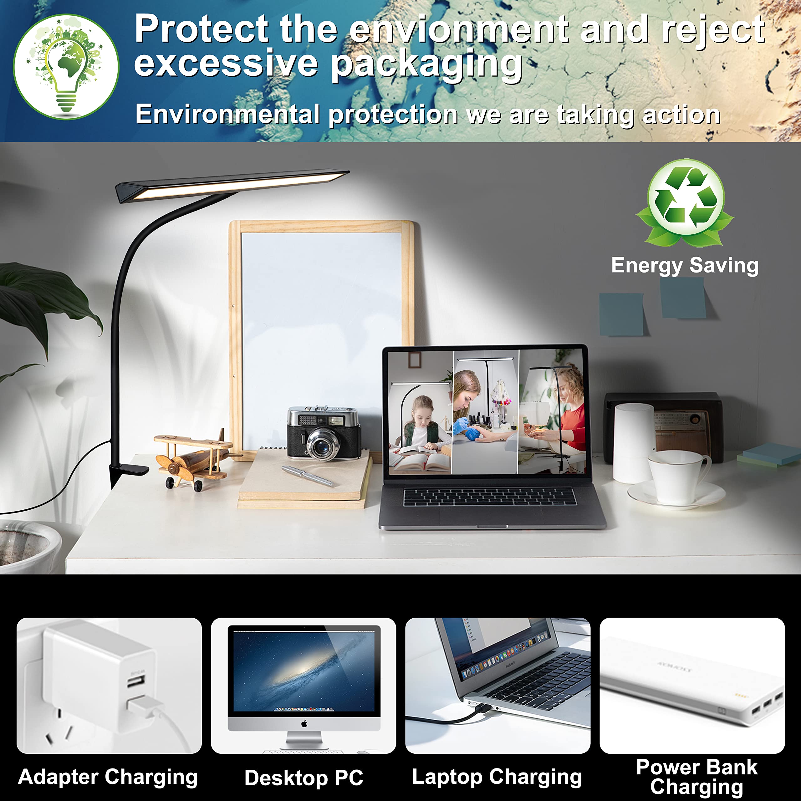 KAiSnova LED Desk Lamp with Clamp, 10W Clip Lamp for Desk 50 Lighting Modes Computer Monitor Lights 360° Flexible Gooseneck Desktop Lighting for Office Home Video Conferencing Workbench Drafting