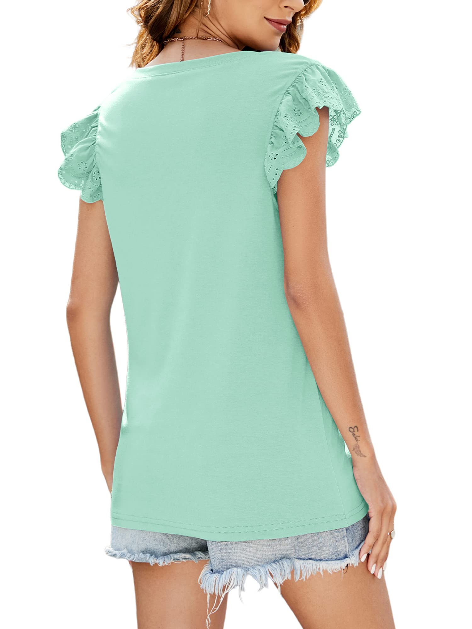 AGSEEM Tank Tops for Women Casual Summer V Neck Eyelet Lace T-Shirts Light Green M, Aqua Green