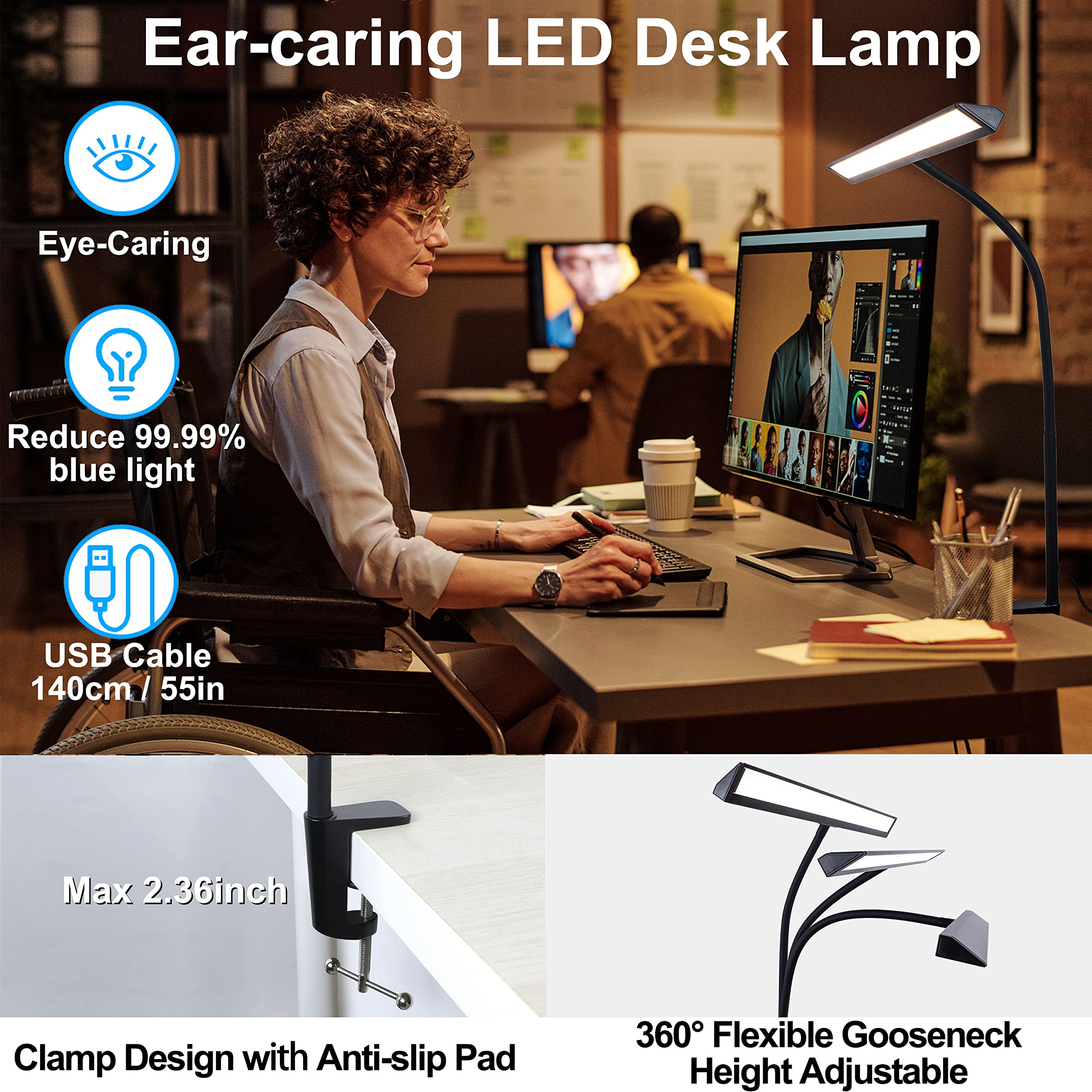 KAiSnova LED Desk Lamp with Clamp, 10W Clip Lamp for Desk 50 Lighting Modes Computer Monitor Lights 360° Flexible Gooseneck Desktop Lighting for Office Home Video Conferencing Workbench Drafting