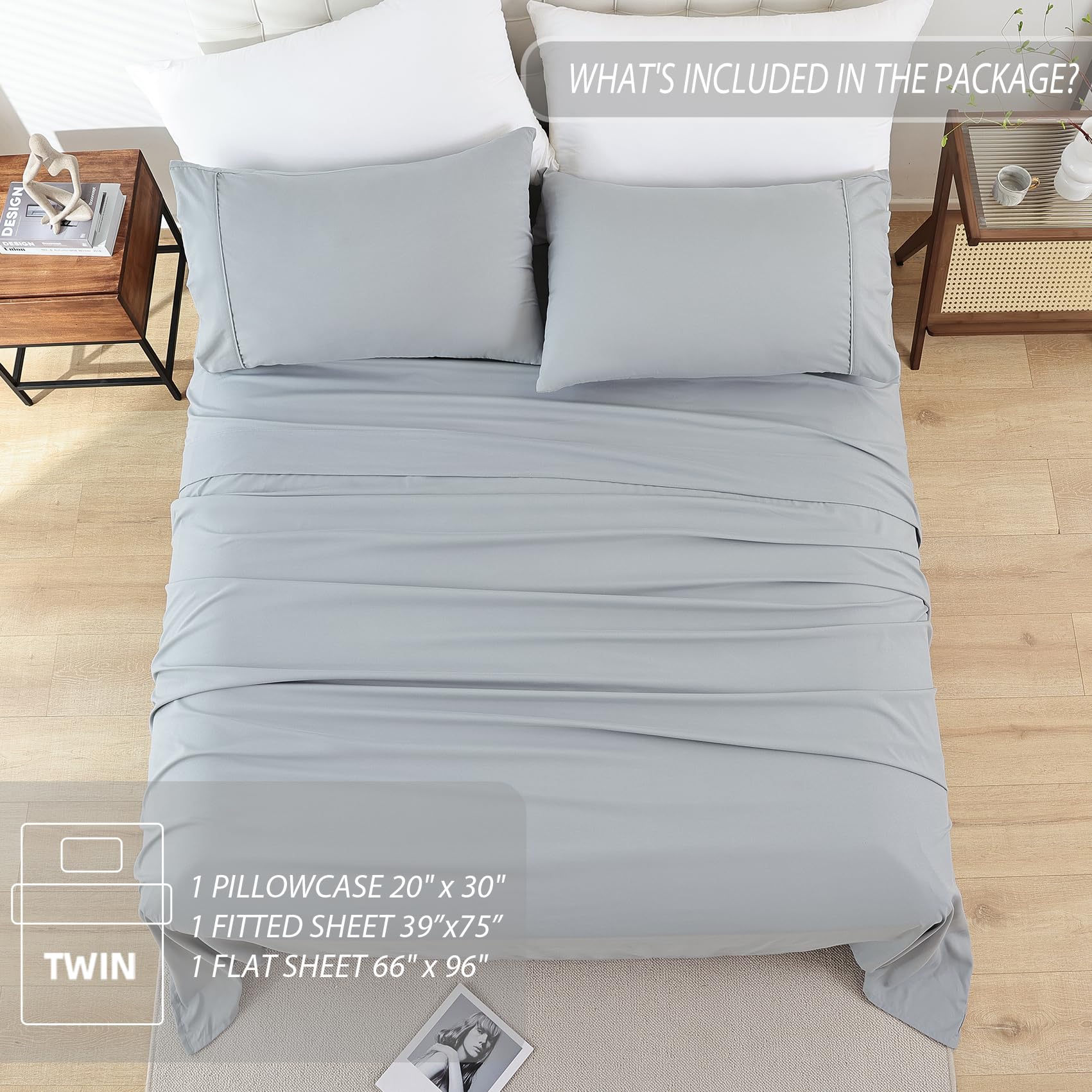 Whitney Home Textile Twin Size Sheet Set - Luxury Soft Comfy Bed Sheets, Breathable Cooling Hotel Bedding for Women, Men, Teens, Extra Deep Pocket, Easy-Fit, Oeko-Tex, Wrinkle Free 3 Piece - Grey