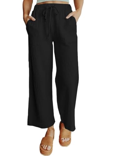 Dokotoo Women's Ladies 2024 Summer Beach Casual Linen Elastic High Waisted Drawstring Comfy Elegant Wide Leg Loose Flowy Long Palazzo Pants for Women Trousers with Pockets Black XL