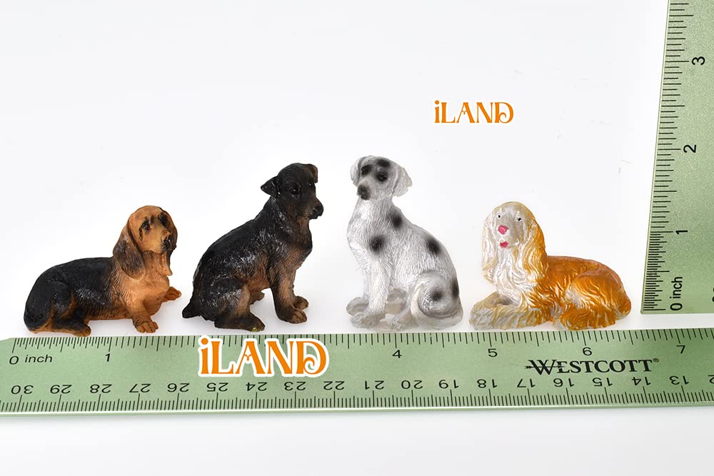 iland Dollhouse Pet of Mini Dog, 4pcs Realistic Miniature Figures, Hand Painted Tiny Dogs incl Cocker Spaniel, Dalmatian, Basset Hound & German Hunt Terrier on 1:12 Scale, Dog Cake Toppers