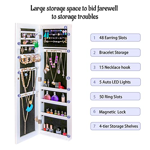 KEDLAN Mirror Jewelry Organizer, Wall/Door Mounted Jewelry Armoire with Full-Length Mirror,Hanging Jewelry Cabinet with LED Interior Lights, White