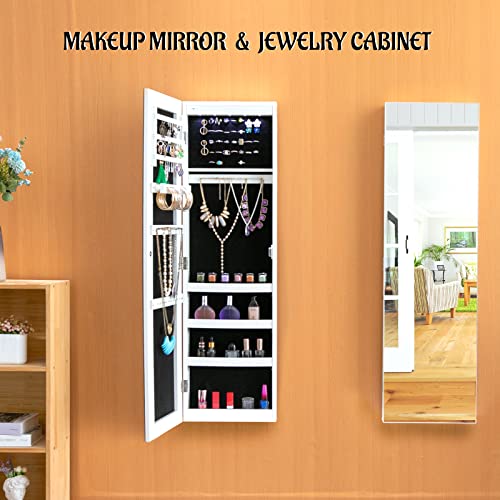 KEDLAN Mirror Jewelry Organizer, Wall/Door Mounted Jewelry Armoire with Full-Length Mirror,Hanging Jewelry Cabinet with LED Interior Lights, White