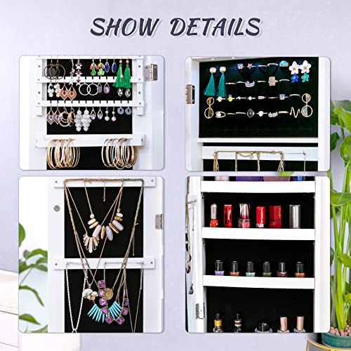 KEDLAN Mirror Jewelry Organizer, Wall/Door Mounted Jewelry Armoire with Full-Length Mirror,Hanging Jewelry Cabinet with LED Interior Lights, White