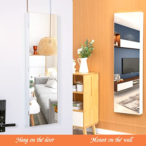 KEDLAN Mirror Jewelry Organizer, Wall/Door Mounted Jewelry Armoire with Full-Length Mirror,Hanging Jewelry Cabinet with LED Interior Lights, White
