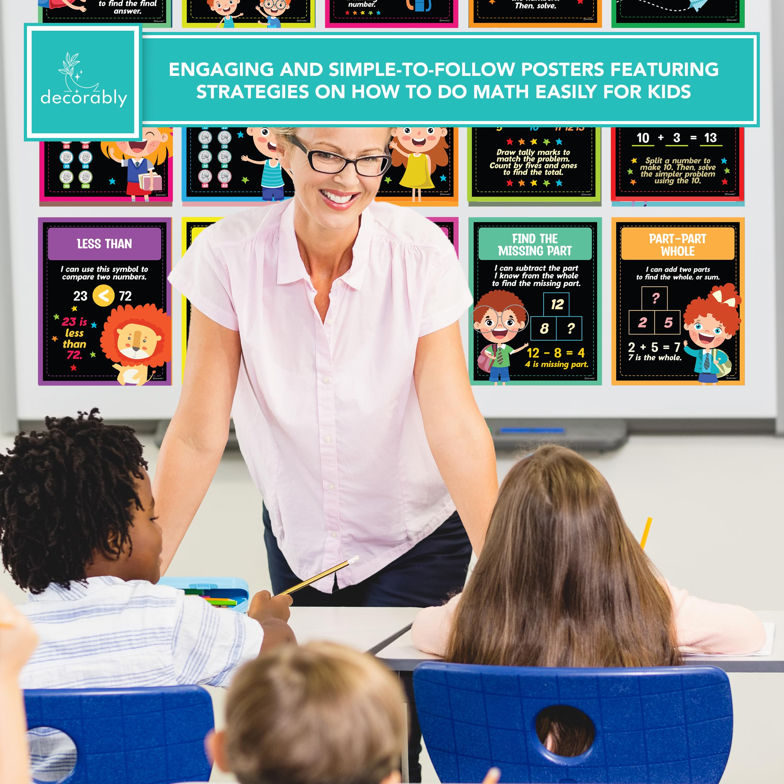 Decorably 20 Chalkboard Math Posters for Elementary School, 11x14in Matte-Laminated Educational Decor