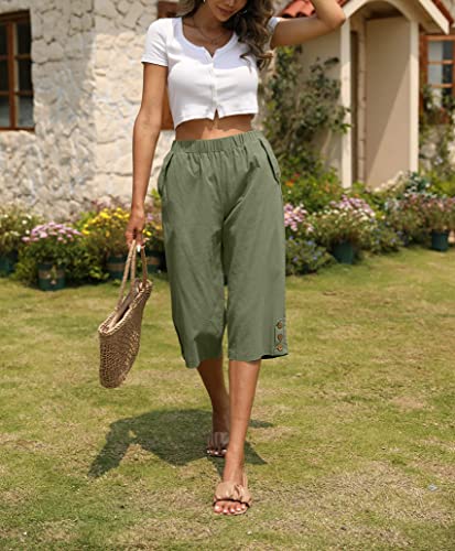 Veatzaer Womens Capri Pants Trousers Cotton Soft Cotton Trousers High Waisted Causal with Pockets(Grass Green,XL)