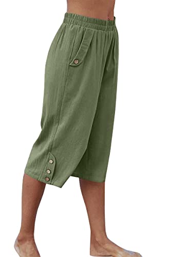 Veatzaer Womens Capri Pants Trousers Cotton Soft Cotton Trousers High Waisted Causal with Pockets(Grass Green,XL)