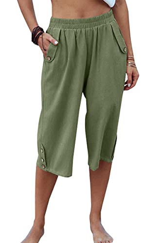 Veatzaer Womens Capri Pants Trousers Cotton Soft Cotton Trousers High Waisted Causal with Pockets(Grass Green,XL)