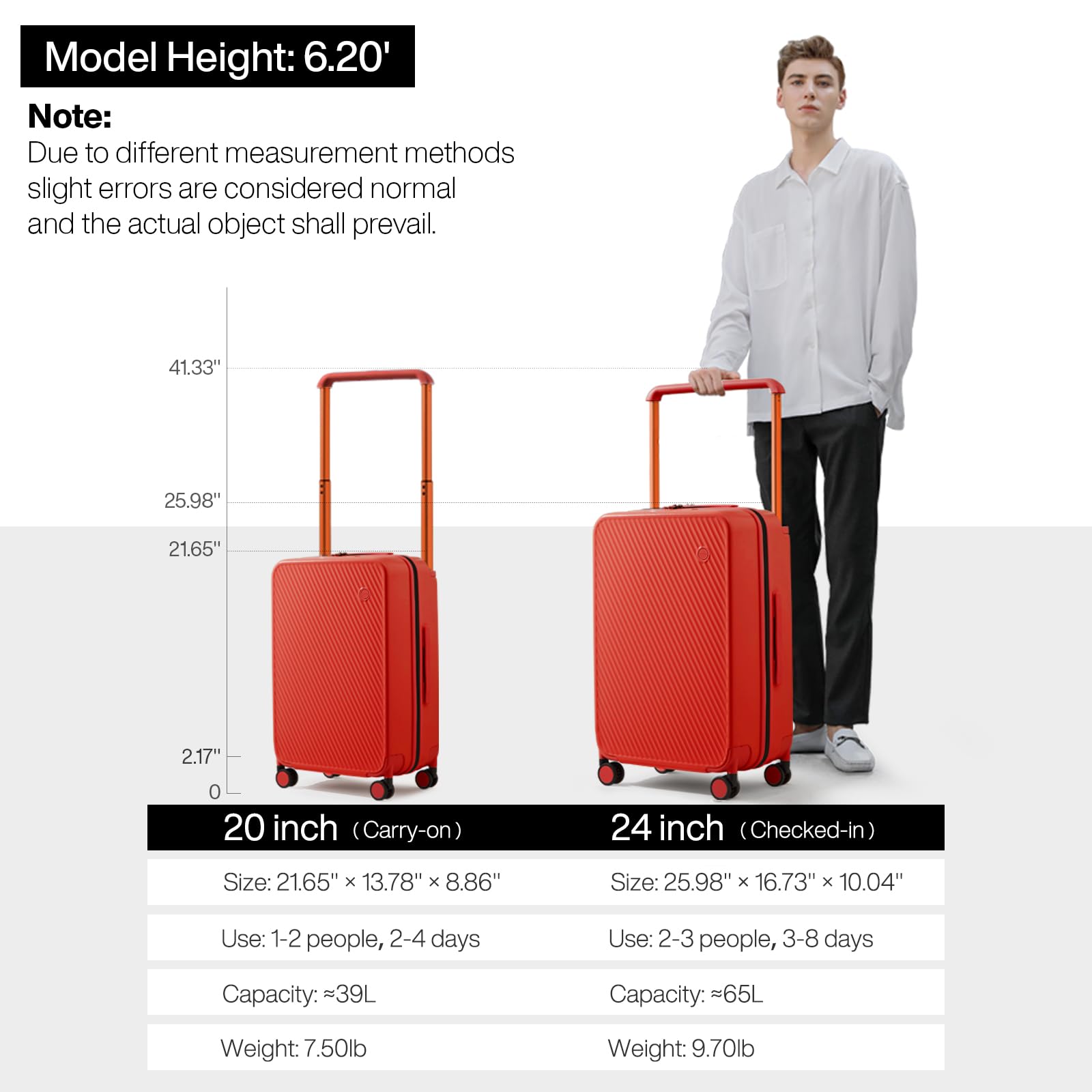 mixi Luggage Suitcases With Spinner Wheels,Upgrade Wide Handle PC Hardshell Rolling Travel Suitcase with TSA Lock, Checked-Medium 24-Inch, Red