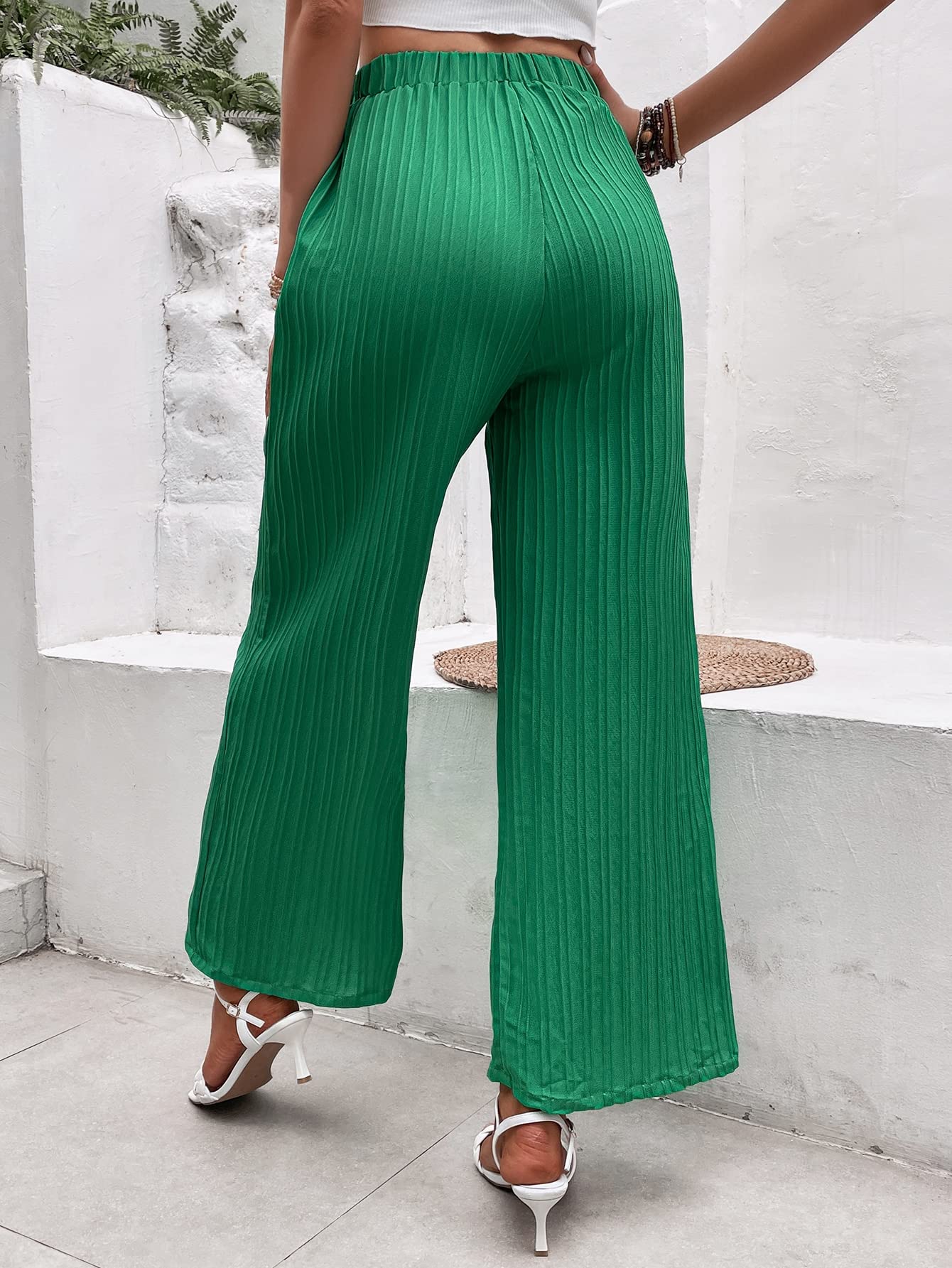 SweatyRocks Women's Boho Elastic Waist Pleated Pants Wide Leg Palazzo Pants Loose Trousers Solid Green XL