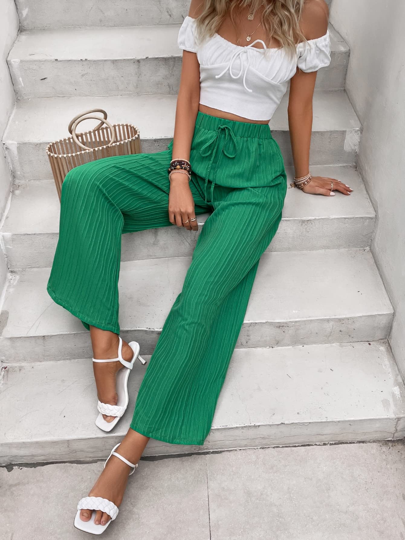 SweatyRocks Women's Boho Elastic Waist Pleated Pants Wide Leg Palazzo Pants Loose Trousers Solid Green XL