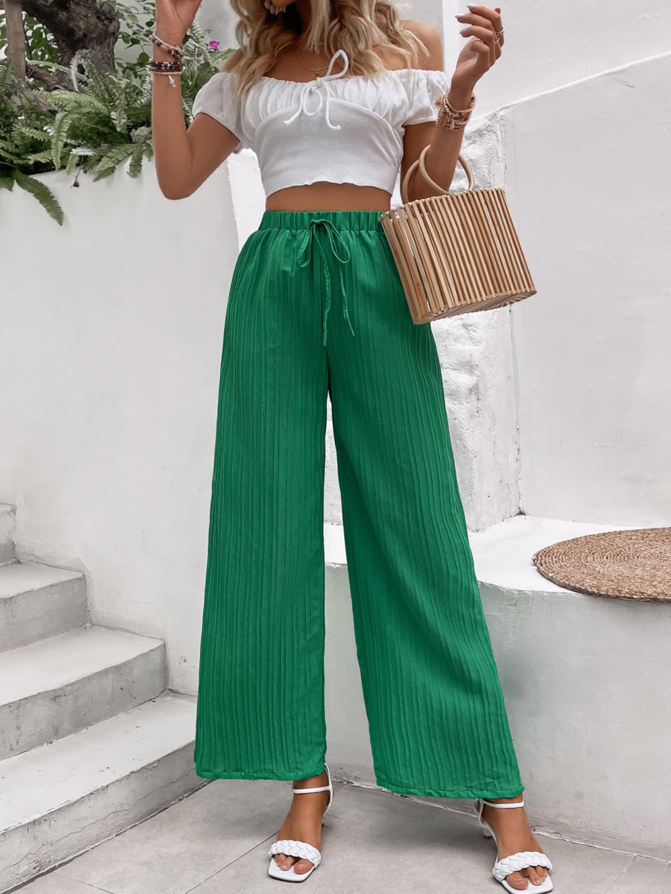 SweatyRocks Women's Boho Elastic Waist Pleated Pants Wide Leg Palazzo Pants Loose Trousers Solid Green XL