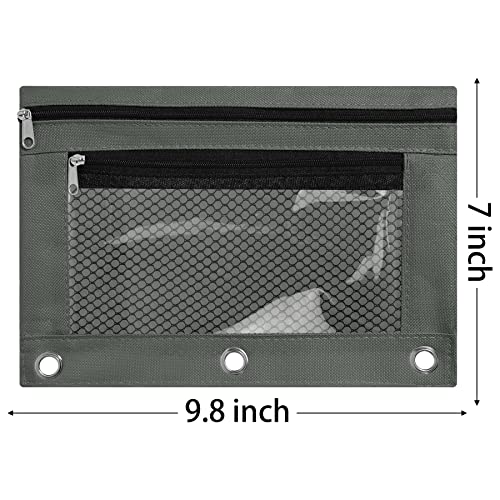 Antner 6 Pack Binder Pencil Pouch for 3 Ring Binder, Zipper Pouch Case with Smooth Zipper & Clear Window, Large Capacity 3-Hole Pencil Bag with Reinforced Grommets, Grey