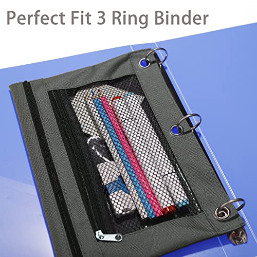 Antner 6 Pack Binder Pencil Pouch for 3 Ring Binder, Zipper Pouch Case with Smooth Zipper & Clear Window, Large Capacity 3-Hole Pencil Bag with Reinforced Grommets, Grey