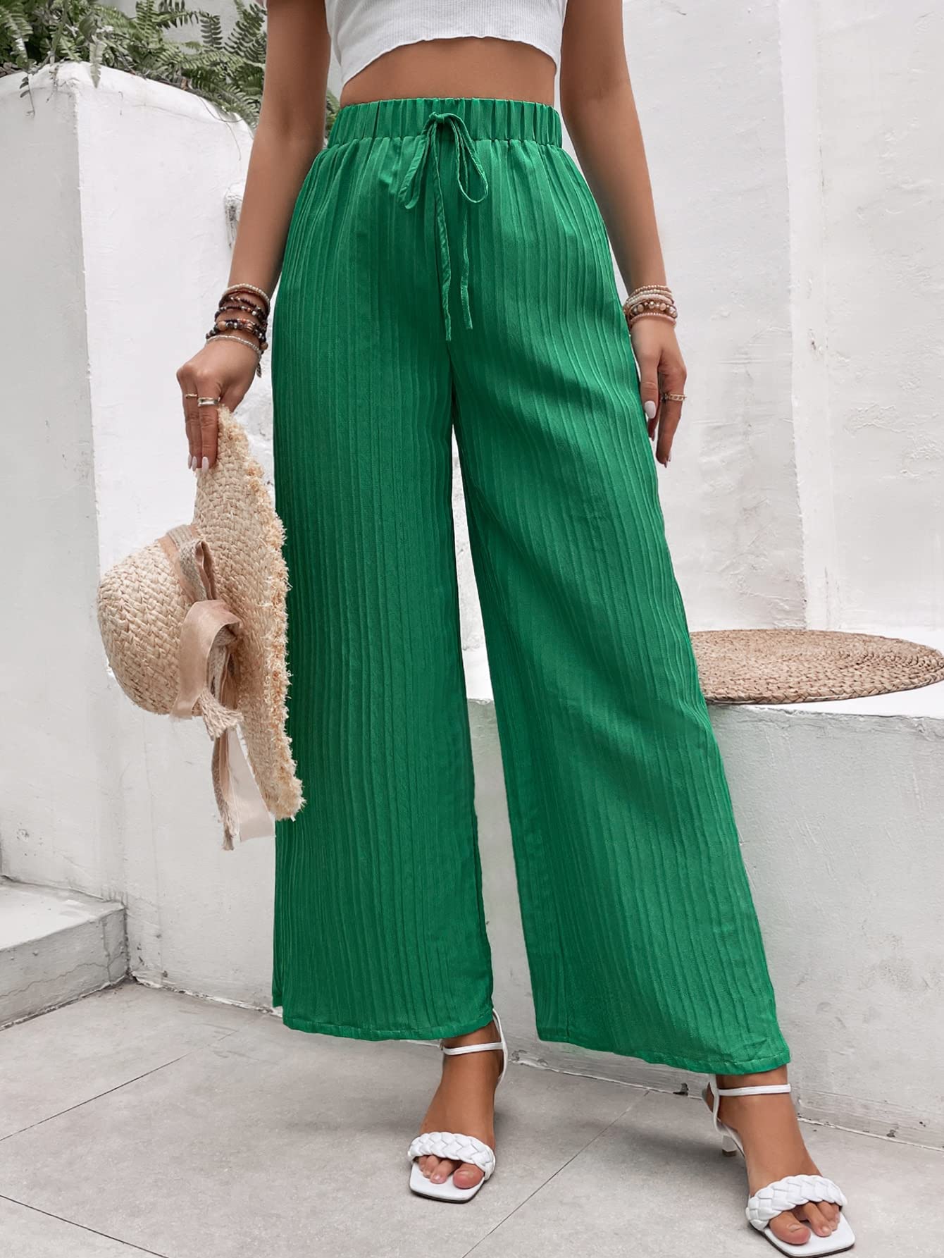 SweatyRocks Women's Boho Elastic Waist Pleated Pants Wide Leg Palazzo Pants Loose Trousers Solid Green XL