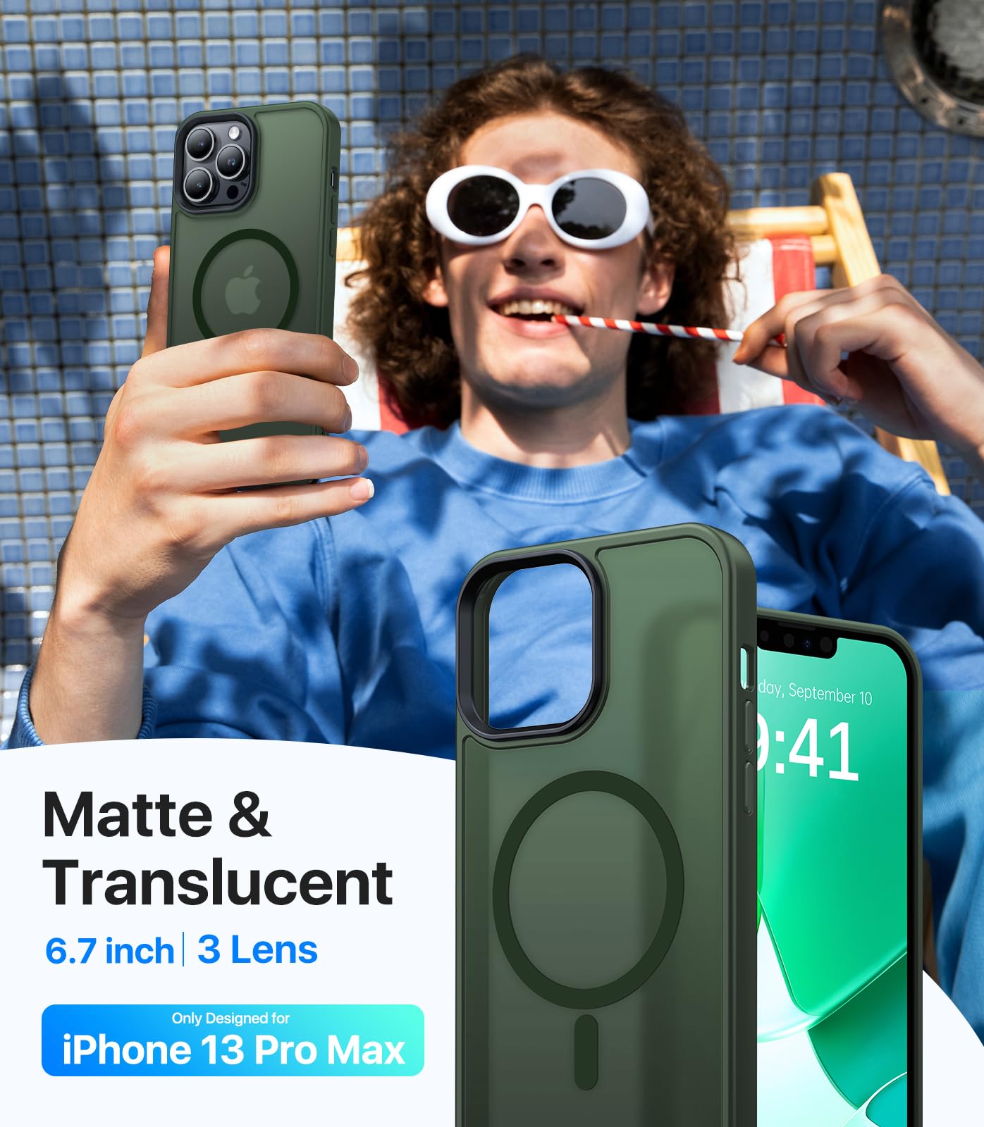 Maozis Strong Magnetic for iPhone 13 Pro Max Case [Compatible with Magsafe][Military Grade Drop Protection] Protective Shockproof Translucent Matte Slim Phone Case for iPhone 13 Pro Max, Army Green