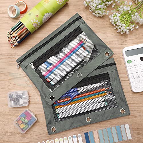 Antner 6 Pack Binder Pencil Pouch for 3 Ring Binder, Zipper Pouch Case with Smooth Zipper & Clear Window, Large Capacity 3-Hole Pencil Bag with Reinforced Grommets, Grey