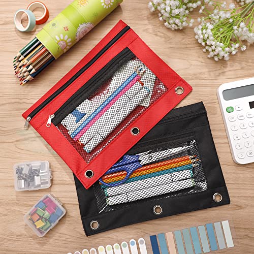 Antner Binder Pencil Pouch for 3 Ring Binder, 2 Pack 3 Ring Binder Pencil Pouches Double Zipper Pencil Case Cosmetic Bag, Black & Red
