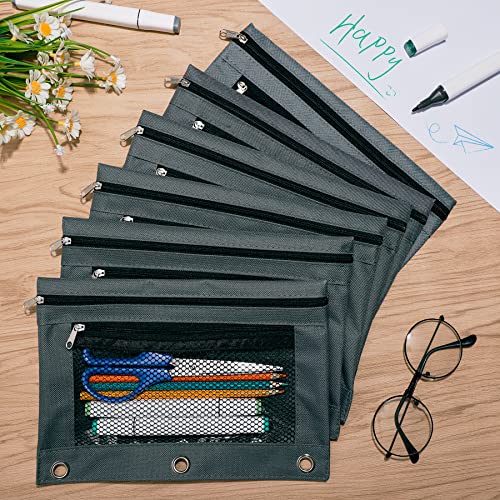 Antner 6 Pack Binder Pencil Pouch for 3 Ring Binder, Zipper Pouch Case with Smooth Zipper & Clear Window, Large Capacity 3-Hole Pencil Bag with Reinforced Grommets, Grey