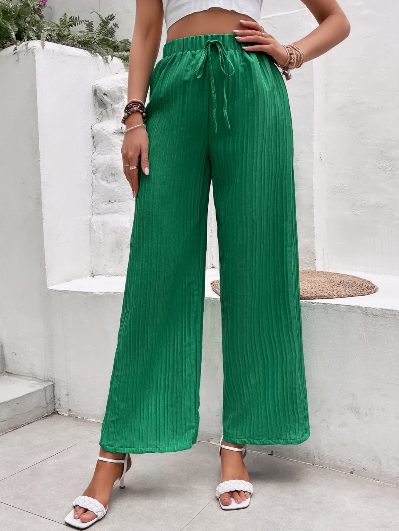 SweatyRocks Women's Boho Elastic Waist Pleated Pants Wide Leg Palazzo Pants Loose Trousers Solid Green XL