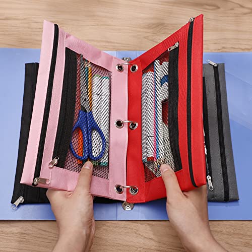 Antner 6 Pack Binder Pencil Pouch for 3 Ring Binder, Zipper Pouch Case with Smooth Zipper & Clear Window, Large Capacity 3-Hole Pencil Bag with Reinforced Grommets, Grey