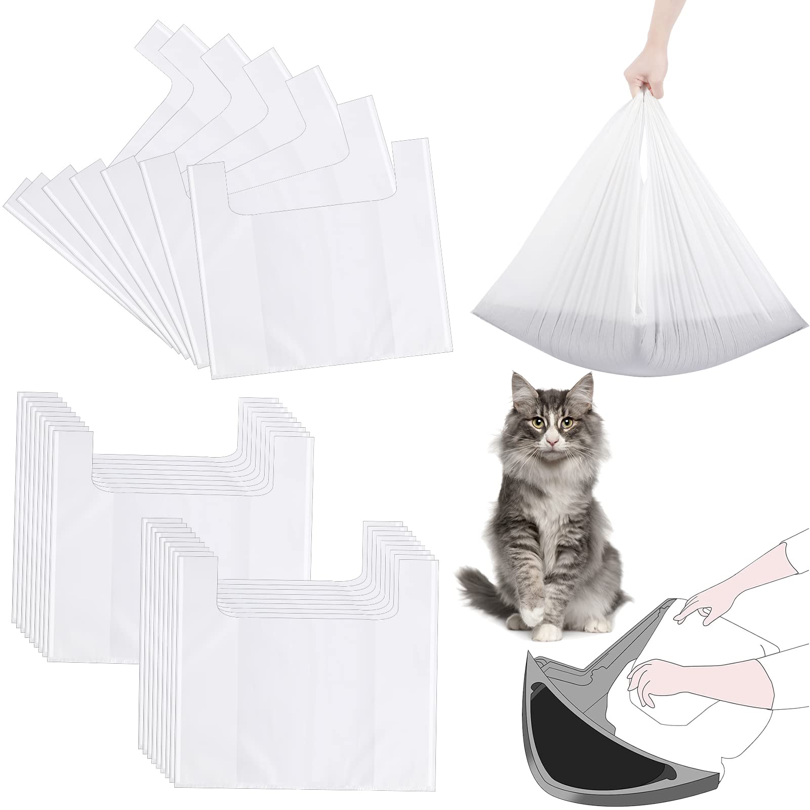 Nuanchu 100 Pcs Cat Litter Box Liner with Handle 25.2 x 22.4 Inch Thick Waste Drawer Liner Compatible with Litter-Robot 3/4 Heavy Duty 9-11 Gallon Cat Litter Bags Cat Replacement for Cat Pan Waste Bin