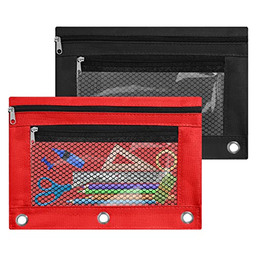 Antner Binder Pencil Pouch for 3 Ring Binder, 2 Pack 3 Ring Binder Pencil Pouches Double Zipper Pencil Case Cosmetic Bag, Black & Red