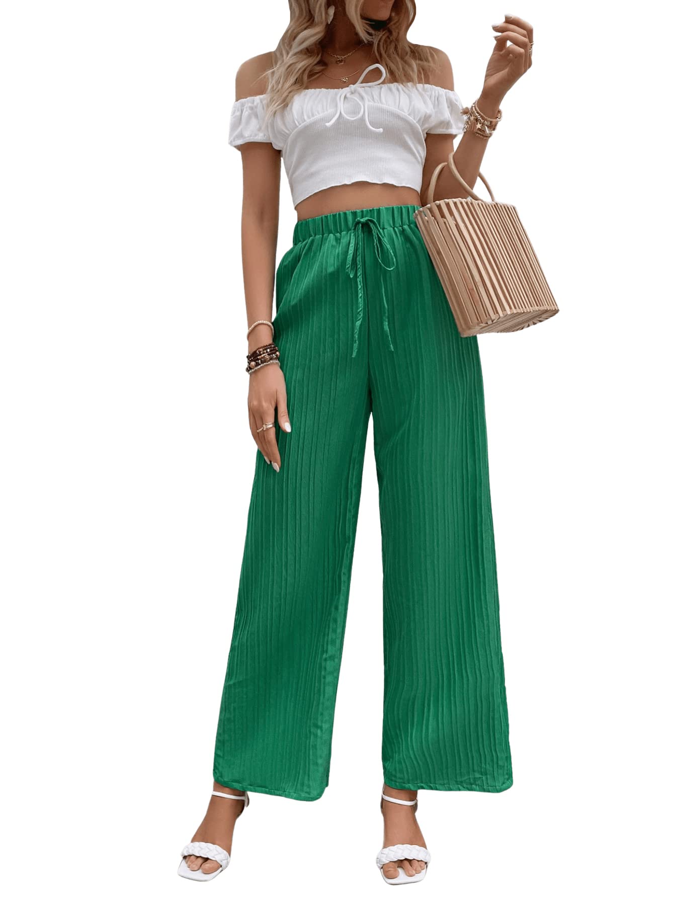 SweatyRocks Women's Boho Elastic Waist Pleated Pants Wide Leg Palazzo Pants Loose Trousers Solid Green XL